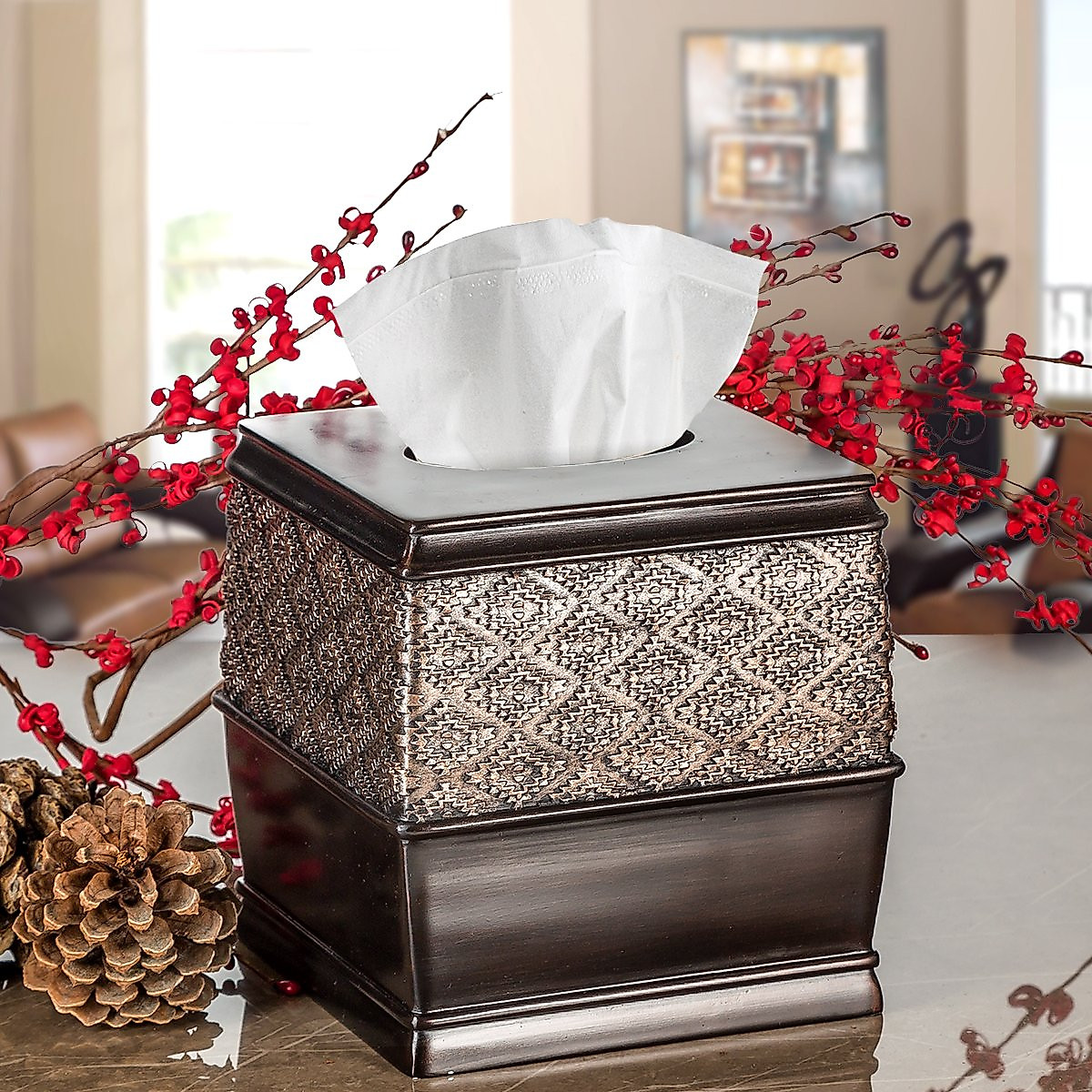 Creative Scents Dublin Brown Tissue Box Cover Square - Decorative Tissue Holder for Bathroom - Beautiful Brown Tissue Box Holder Vessel for Elegant Bathroom, Bedroom, Office Decor (Dublin Style)