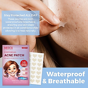 MEDca Acne Patches for Face - Hydrocolloid Bandages (56 Count) Pimple Patches for Face in Hearts & Stars, Acne Spot Treatment Care for Face & Skin Spot Patch Conceals Zits, Acne and Blackheads