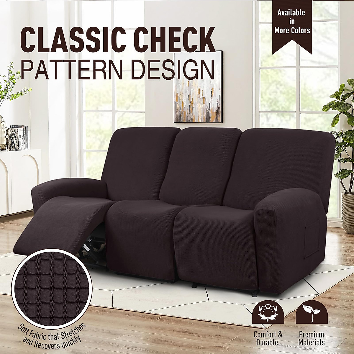 TAOCOCO Recliner Couch Covers for 3 Seat, 8-Pieces Stretch Large Couch Covers for 3 Seats Reclining Slipcovers Soft Jacquard Pattern Furniture Protector, Chocolate