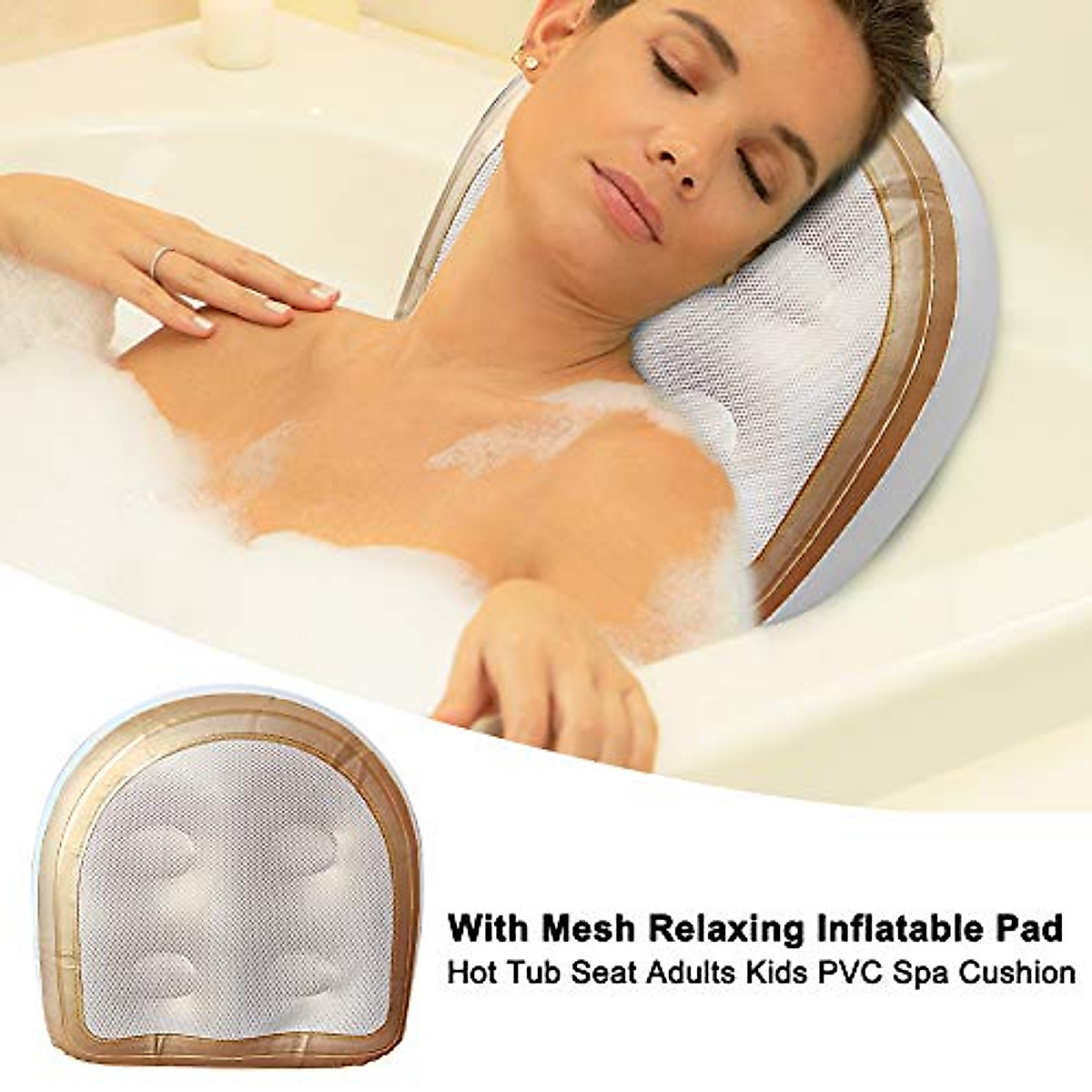 Hot Tub Booster Cushion w/Suction Cups, Inflatable Spa Cushion PVC Bathtub Pillow, Soft Seat Back Support Tub Booster Pad for Adults Kids at Home Spa & Rest (Gold)