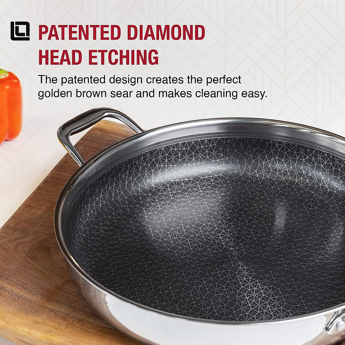 LIVWELL DiamondClad™ 14-inch Hybrid Nonstick Stainless Steel Frying Pan, Dishwasher Safe, PFOA-free – Silver/Black