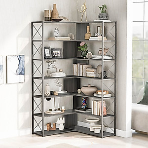 SHMAO 6-Tier Corner Bookshelf, L Shaped Bookshelves, Large Modern Tall Corner Bookcase, Industrial Standing Storage Open Display Rack Bookshelf, Rustic Bookcase for Home Office, Living Room(Grey)