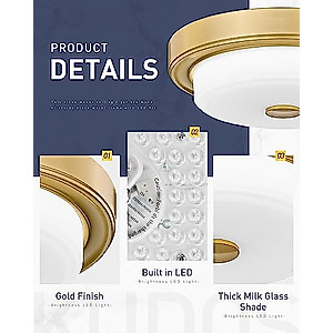kudos LED Light Fixtures, 12 Inch Gold Flush Mount Ceiling Light Fixture and Brushed Gold Vanity Lights for Mirror, KDCL06-GD, KDVL04-GD-3
