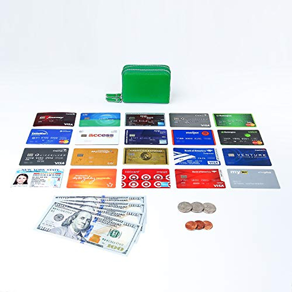 KALMOR Wallets for Women Leather Double Zipper RFID Blocking Purse with Coin Pocket, Green, 4. 25” x 3. 0” x 1.5”