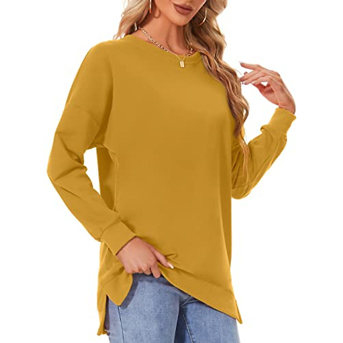 Custer's Night Women's Long Sleeve Sweatshirts Side Split Loose Casual Pullover Tunic Tops (Yellow, L)