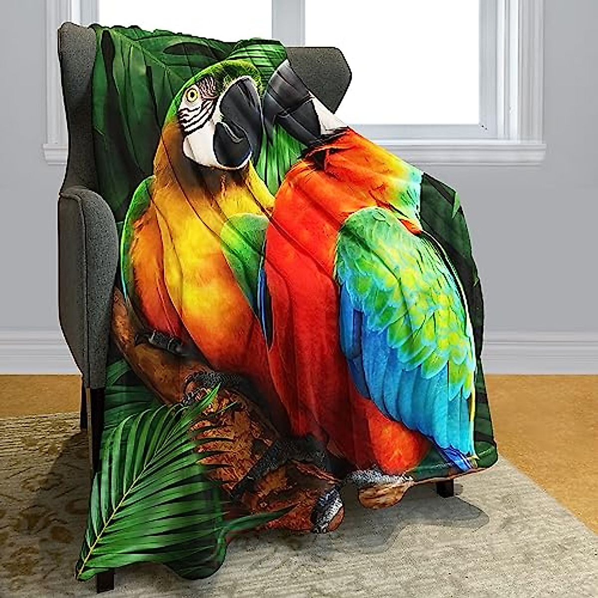Rstick Parrot Blanket Leaves Birds Macaws Fleece Blanket Soft Fuzzy Plush Throw Blankets for Couch Bed 60"x80"