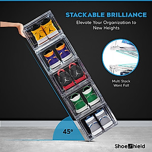 ShoeShield Ultra All Clear Shoe Boxes Plastic Stackable Professional Grade Shoe Display Case with Magnetic Front Drop Door Open Easy Assembly Modern Shoe Sneaker Display Case Fits US Size 14