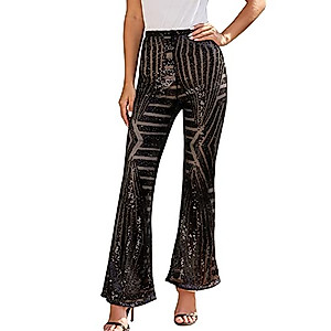XBTCLXEBCO Sequin Bell Bottoms for Women Glitter High Waist Wide Leg Palazzo Pants Casual Sparkle Flared Trousers Disco Pants (Black, X-Large)