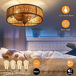 EKIZNSN Boho Caged Ceiling Fan with Light, 20 Inch Modern Boho Bladeless Ceiling Fan, Low Profile Flush Mount Ceiling Fans with Lights for Bedroom (5 E26 Bulbs Included)