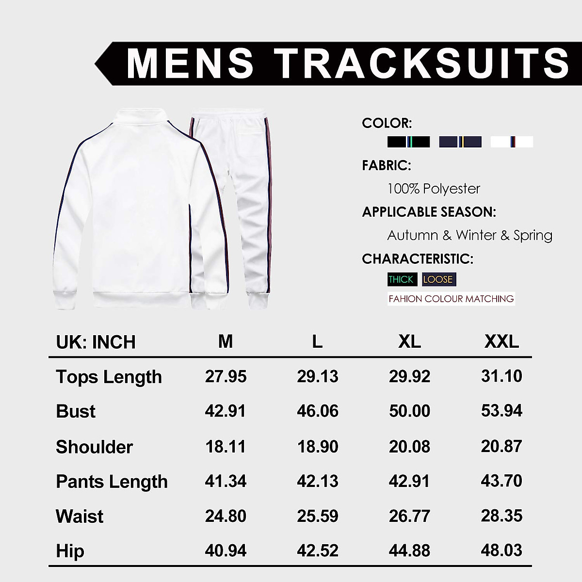 TOLOER Men 2 Piece Tracksuit Set Full Zip Athletic Sweatsuit Outfit Jogger Sport Set White Large