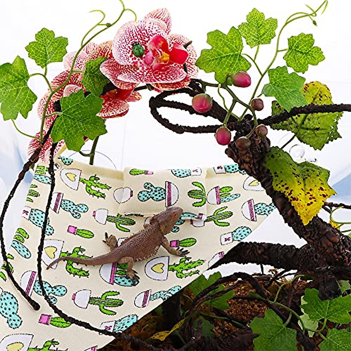 2 Pack Reptile Hammock with Small Pillow Swing Hanging Bed Lounger Ladder with Adhesive Hooks and Suction Hook for Lizard Leopard Gecko Bearded Dragon