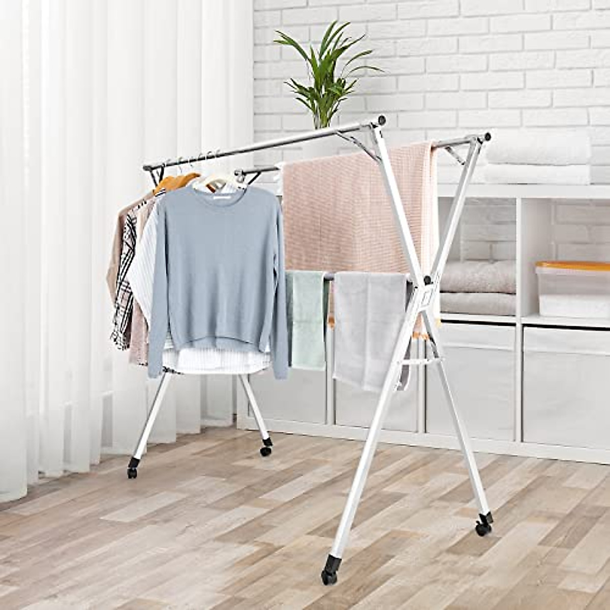 Tangkula Clothes Drying Rack with Wheels, Freestanding Stainless Steel Garment Rack for Laundry, Adjustable and Foldable, No Assembly Need, Space Saving Laundry Drying Rack for Indoor Outdoor