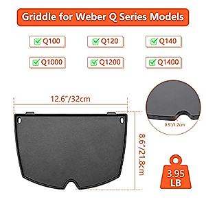 QuliMetal 6558 Grill Parts Cast Iron Cooking Griddle for Weber Q1000 Q1200 Q1400 Q100 Q120 Q140, Q100/1000 Series Gas Grills Accessories, 12.6 x 8.6 Inches