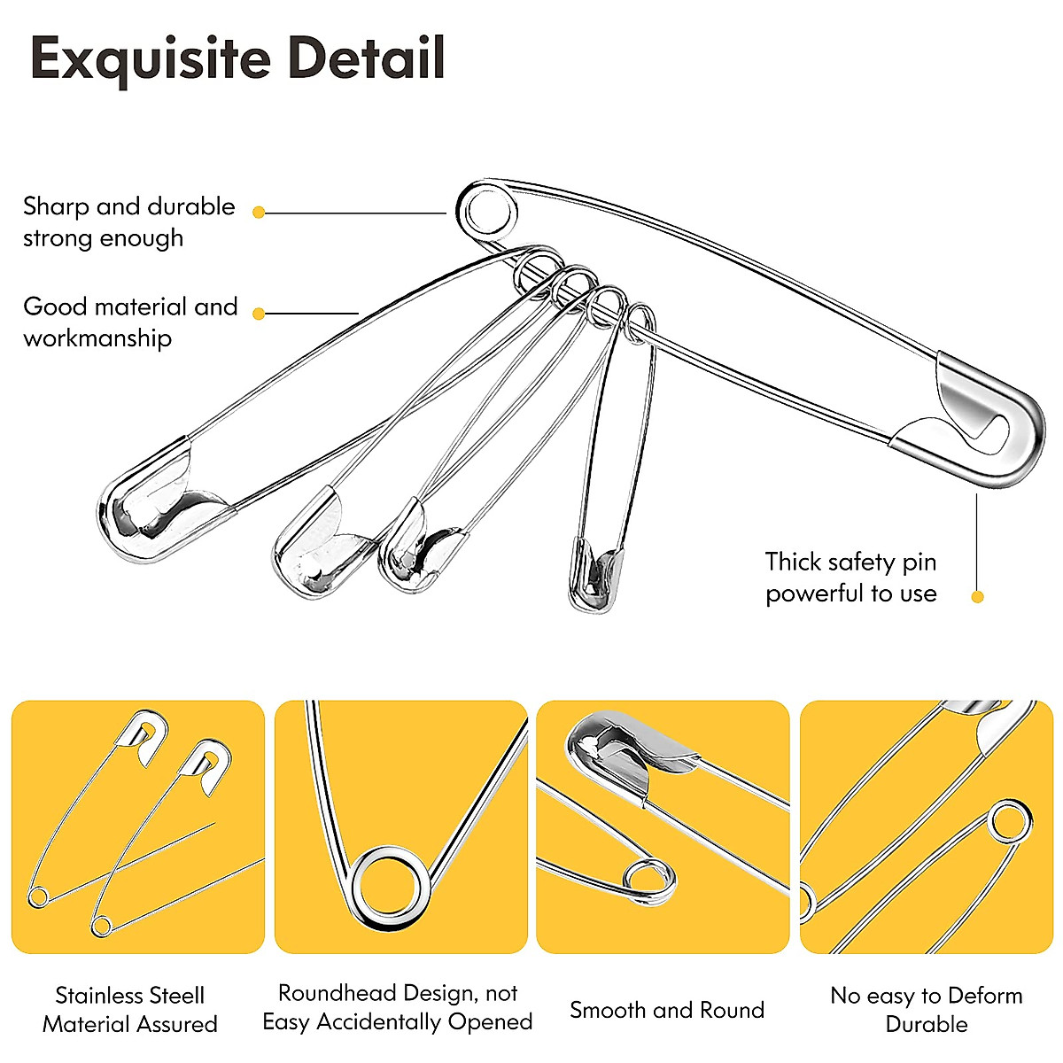 Huhuhero Safety Pins Assorted, 5 Different Sizes Small and Large Safety Pins, Safety Pins for Clothes Halloween Costume Pins Sewing, Nickel Plated Steel Pin Bulk, Arts and Crafts Supplies (Sliver)