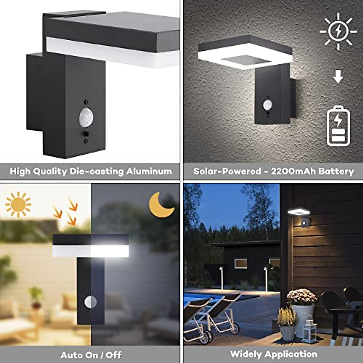 TJCoLUX Outdoor Solar Wall Light with Motion Sensor, 3 Modes IP44 Waterproof 4000K Exterior Aluminum Black Wireless Light Fixture for Garden, Yard, Porch, Patio