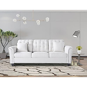 Lepfun Chesterfield, 86.6” Flare Sofa, Tufted 3 Seater Furniture, Velvet Couch with Scroll Arms and Nailhead for Living Room, Bedroom, Office, Apartment (Beige)