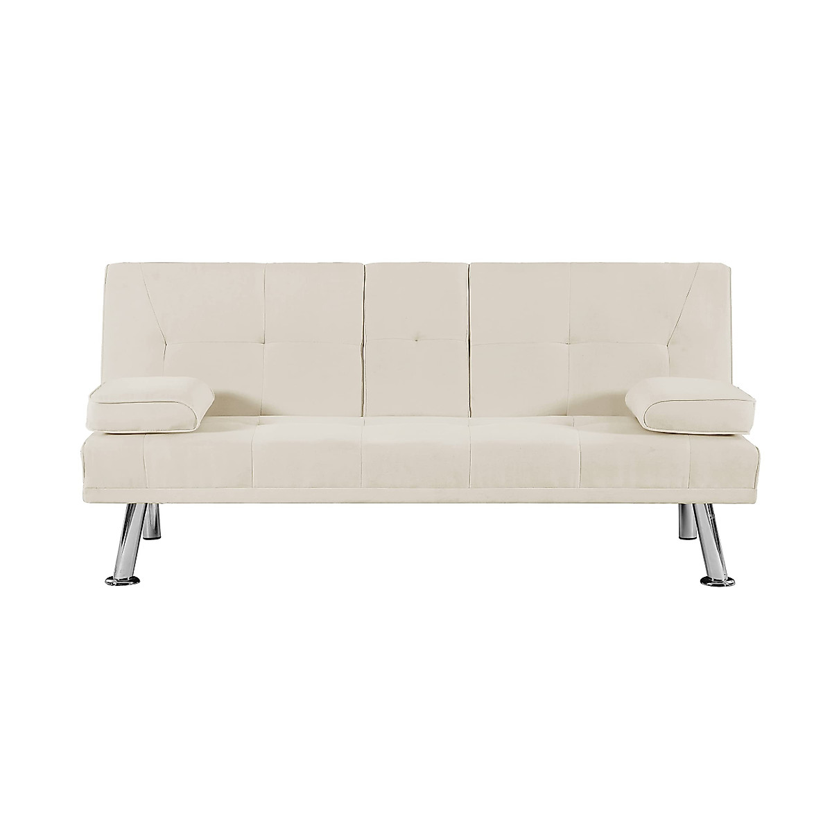 67" Modern Linen Upholstered Futon Sofa Convertible Sleeper Couch Bed Daybed Loveseat,Folding Recliner with 2 Cup Holders,Metal Legs,Removable Soft Pillow-Top Armrest for Living Room Compact Space