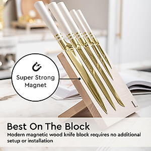 White and Gold Knife Set with Block- 6 PC White and Gold Kitchen Knife Set with Magnetic Knife Holder Includes White and Gold Knives and Ashwood Magnetic Knife Block - Gold Kitchen Accessories
