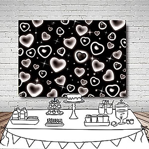VOUORON 7x5ft Early 2000s Backdrop for Black Heart Party Photography Backdrops Glitter Heart Sweet 16 Happy Birthday Photo Background Wall Decor Valentines Day Photoshoot Banner