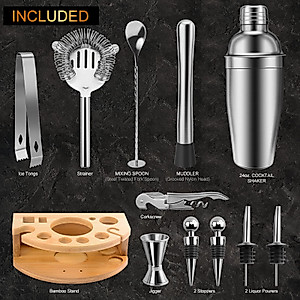 TAUPO Cocktail Shaker Set | 12 Pieces Stainless Steel Bartender Kit with Bamboo Stand and Cocktail Recipes for Drink Mixing | Bar Set Home Mixology Barware Tool Sets(25 oz)