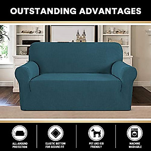 PrinceDeco Stretch Loveseat Sofa Cover Slipcover Couch Cover for 2 Cushion Sofa Washable Sofa Cover for Pets Friendly Furniture Protector Covers with Non Slip Bottom(Loveseat, Deep Teal)
