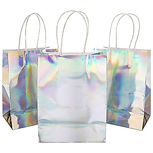 Andaz Press Iridescent Party Bags with Handles, 5.75 x 7.75 inches, 25 Pack Holographic Silver Foil Gift Bags, Treat Bags, Favor Bags, Party Favors, Favor Gifts for Guests, Thank You Bags, Welcome Ba