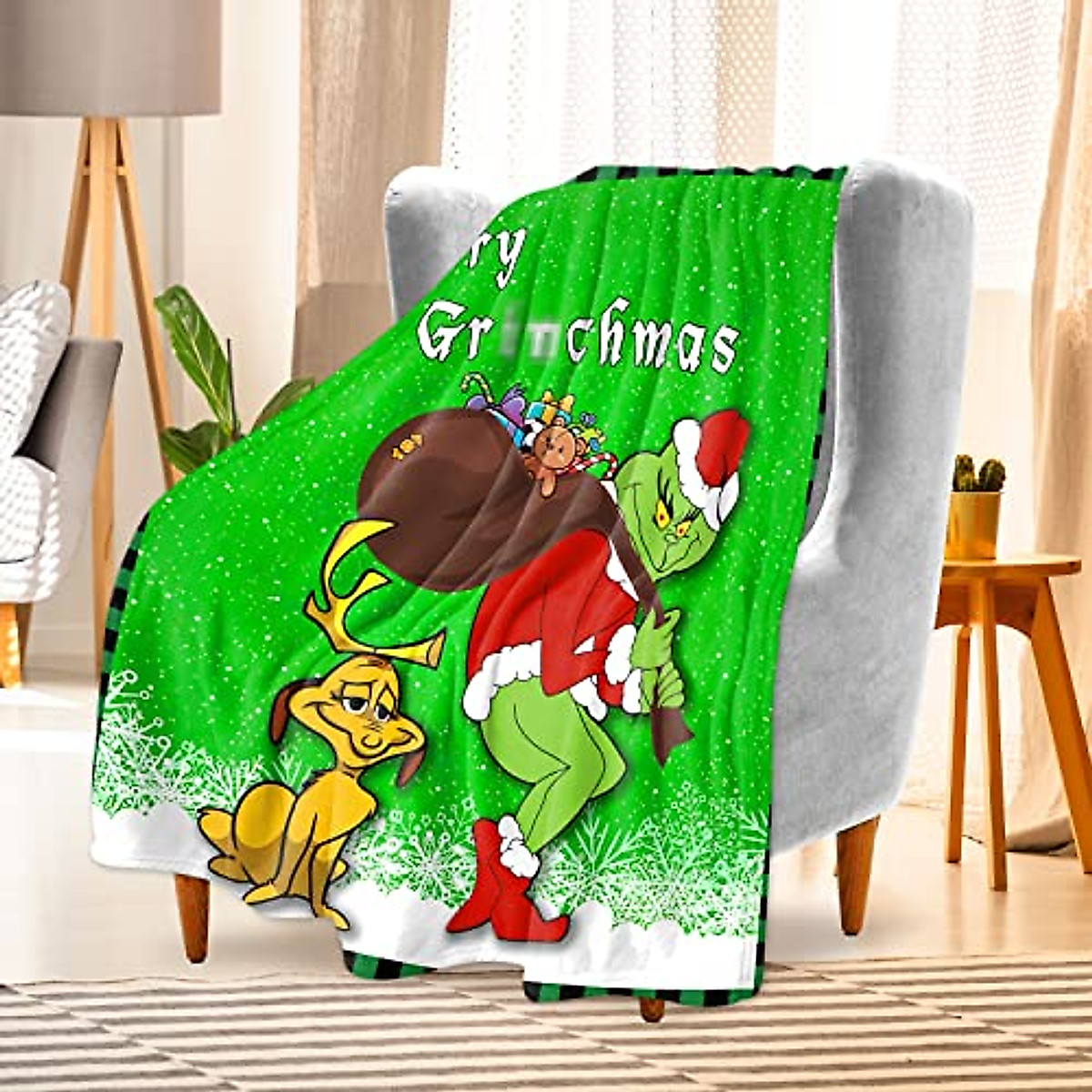 Caupzok Anime Christmas Blankets, Flannel Lightweight Plush Warm Green Throw Blanket with 1 Pillow Cover for Couch Sofa Bedding or Decoration Living Room, Soft Throw, 50 × 60 inch