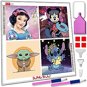songwoo 4 Pack Diamond Painting Kits for Adults Kids Beginners - Upgraded Cuttable Full Drill Round Gem 5D DIY Diamond Art Kits Gifts for Home Wall Decor - Cartoon