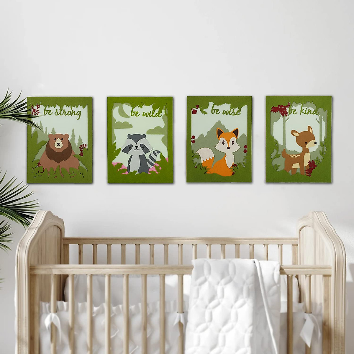 CHEFAN Multi-Layered Felt Woodland Nursery Decor for Boys and Girls, 4 Pack Baby Room Decor with Forest Animals- Bear Fox Raccoon Deer, Woodland Wall Decor for Nursery and Kids Bedroom(12"x9")