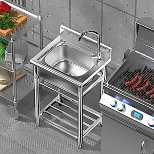 Utility Sink, Stainless Steel Sink, Single Bowl Freestanding Sink Kitchen Sinks with Hot & Cold Hoses Outdoor Sink for Laundry Garden Garage Commercial Restaurant