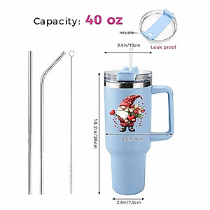 LB LEOBON 40 ounce insulated cup with handle, double-layer vacuum stainless steel material, equipped with straw, can keep warm or maintain cold drinks Gnome Love Bouquet Q wathet