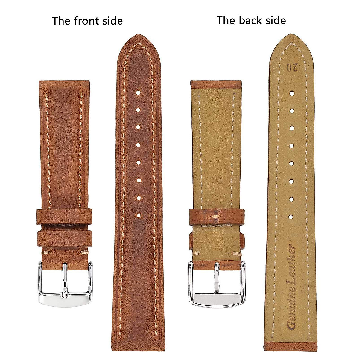 BISONSTRAP Watch Strap 20mm, Vintage Leather Replacement Watch Band, Light Brown with Thread