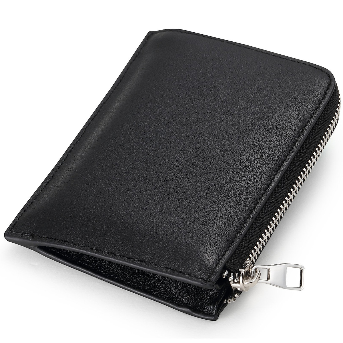 HISCOW Metal Zipper Slim Sector Wallet with 2 Card Slots - Italian Calfskin (Black)
