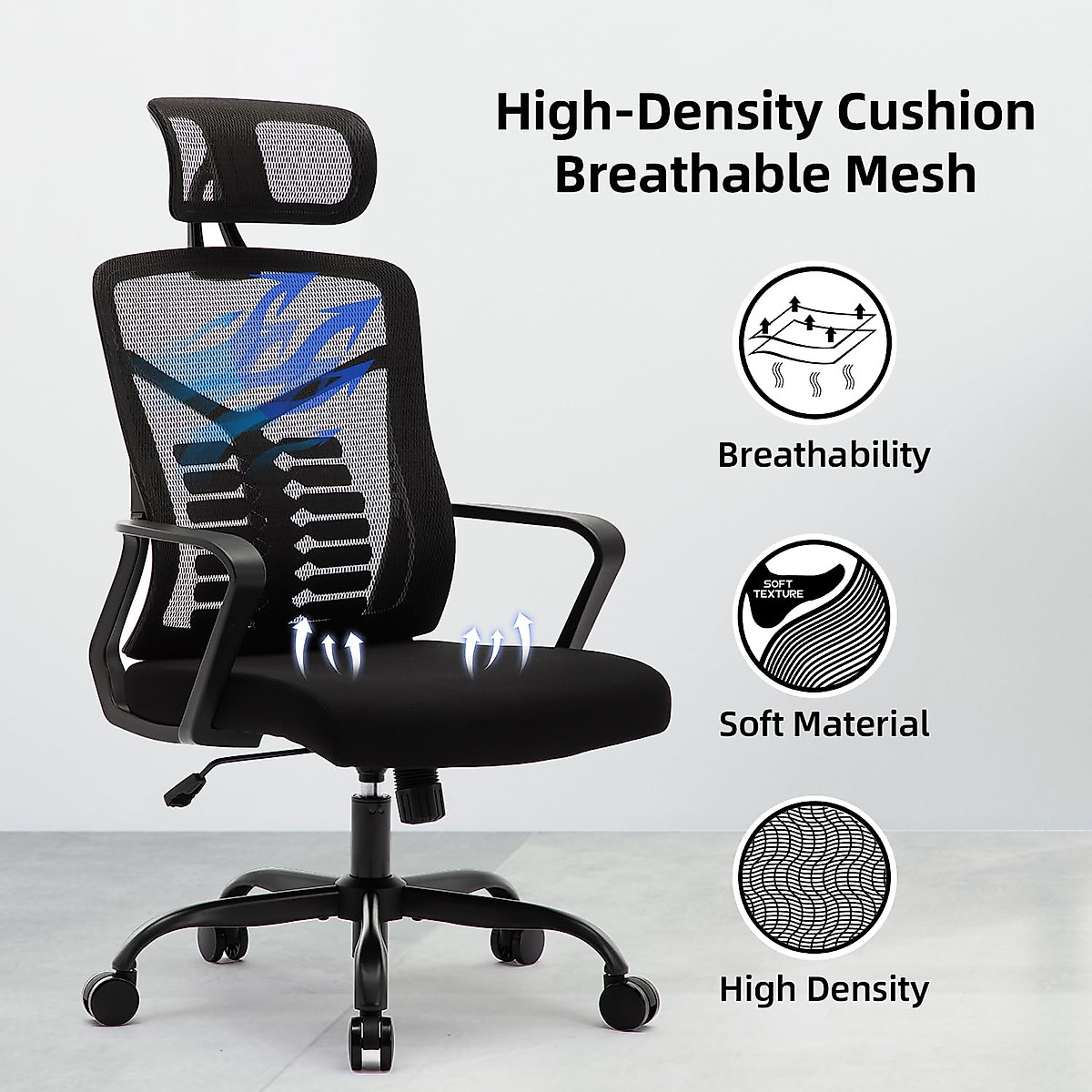 EnjoySeating Ergonomic Office Chair Heavy Duty 350 lbs, Breathable Mesh Desk Chair with 2D Headrest and Lumbar Support, Tilt Function, Swivel Task Chair for Home Work Black
