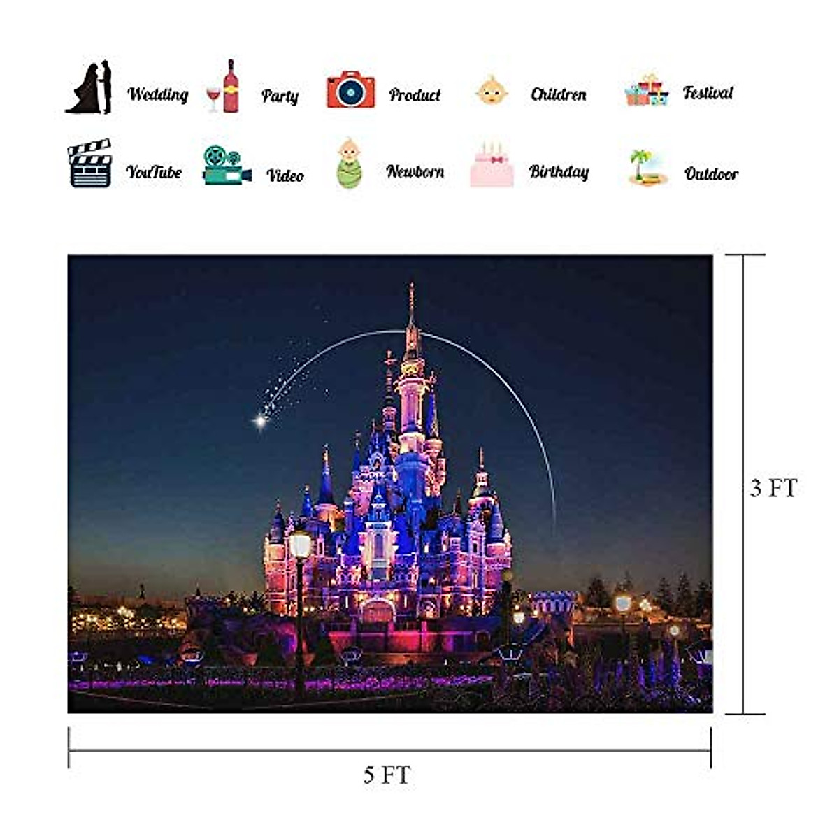 EOA 5(W) x3(H) FT Disneyland Castle Backdrop for Birthday Party Supplies Disney Night Park Photography Background Baby Shower Children Portrait Cake Table Photo Booth Props