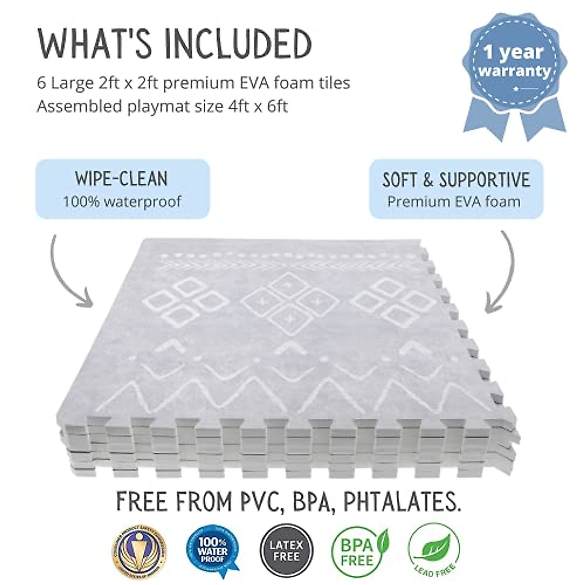 Lillefolk Stylish Foam Play Mat for Baby. Soft, Thick, Non-Toxic Playmat, Covers 6 ft x 4 ft, Interlocking Puzzle Tiles for Tummy Time and Crawling (Gray)