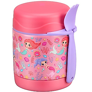 Pawtong 10oz Soup Thermo for Hot Food Kids Insulated Food Jar,Thermo Hot Food Lunch Container, Width Mouth Stainless Steel Lunch Box for Kids with Spoon (Pink-mermaid)