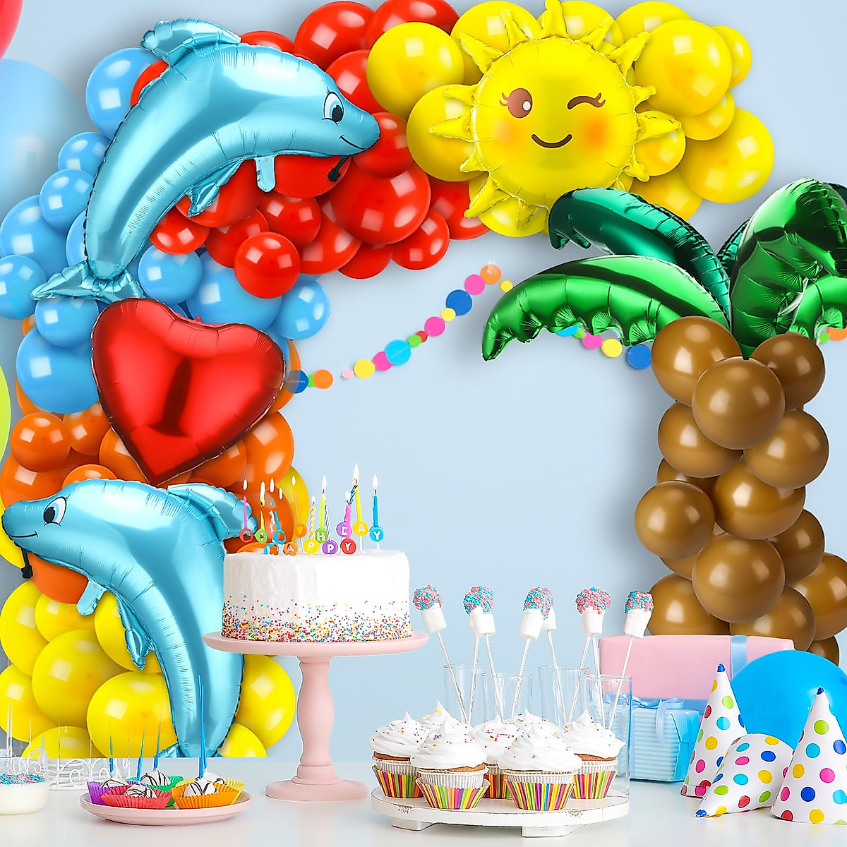 157 Pcs Summer Heart Sun Dolphin Waves Palms Party Balloon Garland Arch Kit, Summer Theme Party Palm Tree Leaves Balloons Yellow Orange Balloons Arch Dolphin for Music Theme Party Decorations