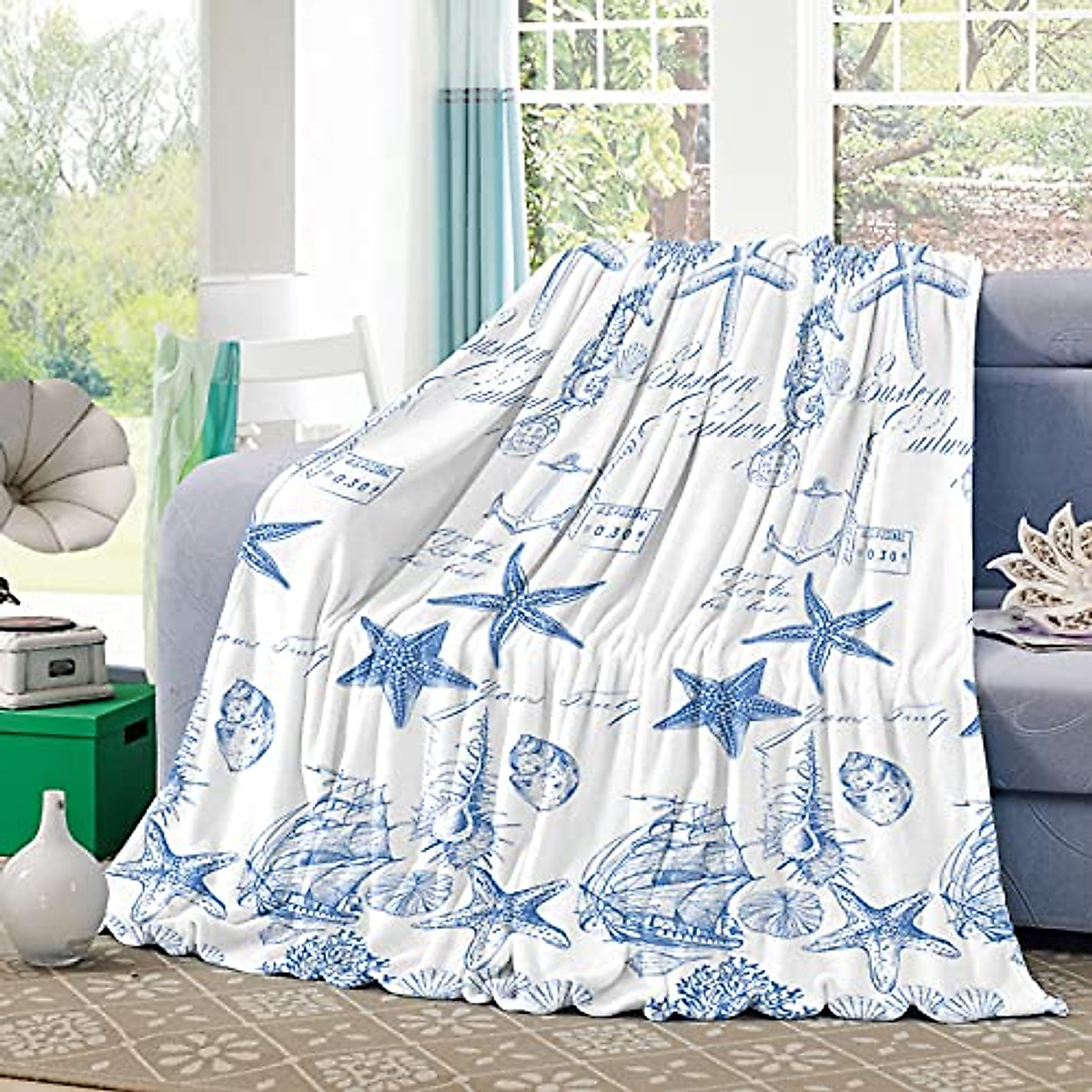 ERXPOOD Flannel Fleece Blankets, Soft Warm Throw Blanket Ocean Underwater Marine Life Starsfish Shell Lightweight Sofa Bedspread Throws for Couch/Bed/Living Room Bedroom Nautical Sailboat Anchor