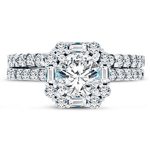 Size 4 - Solid 14k White Gold CZ Cubic Zirconia Halo Bridal Engagement Ring w/Matching Wedding Band Two Ring Set - Round Brilliant Cut Solitaire with Baguette Side Stones (2.75cttw., 1.0ct. Center)