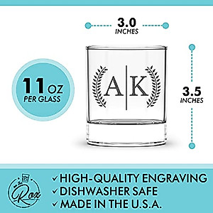 On The Rox Drinks Personalized Whiskey Gifts for Men - 11 oz Engraved Split Monogrammed Whiskey Glass Set of 4 - Customized Cocktail Glass - Bourbon, Scotch, Rocks, Brandy