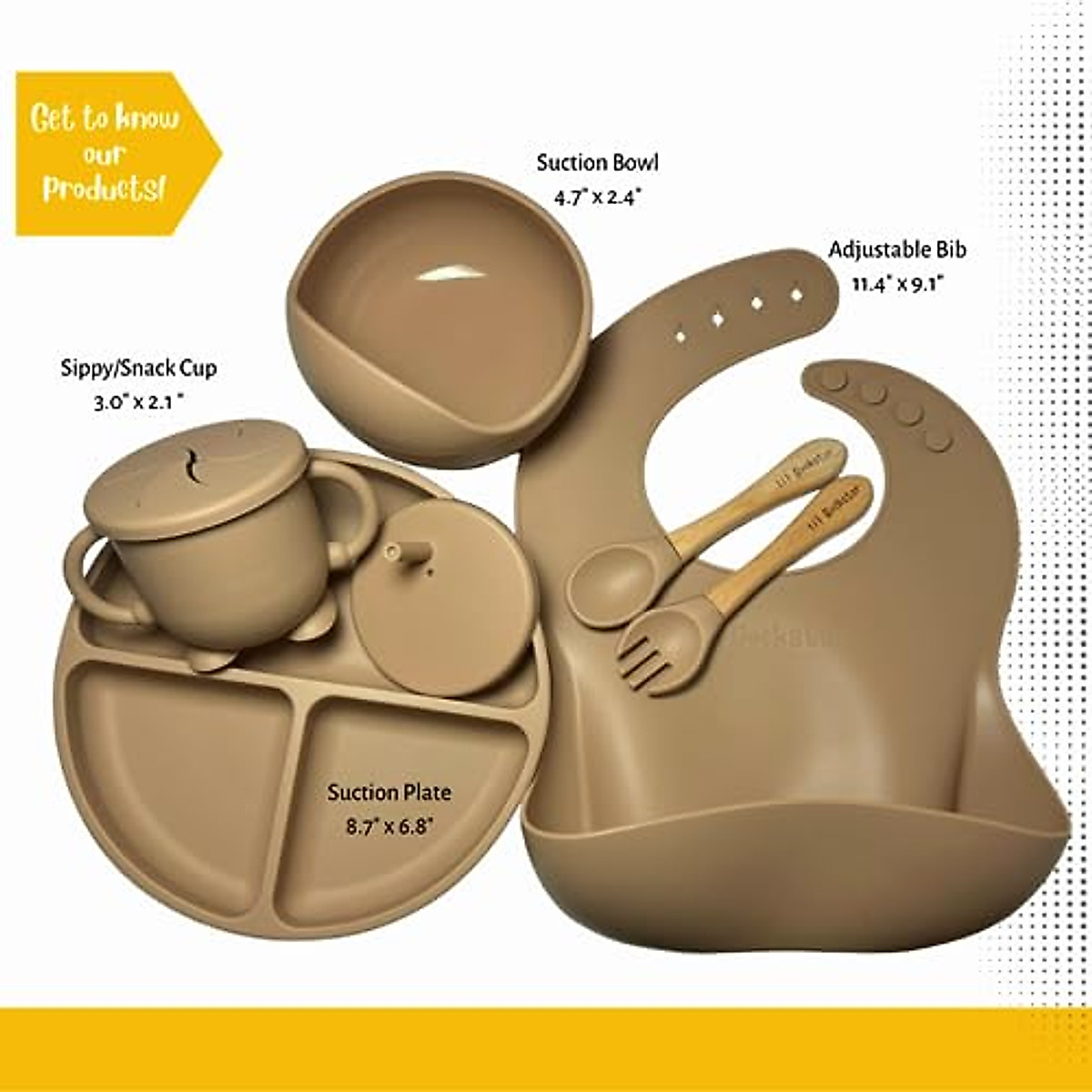 Li'l Rockstar Baby Led Weaning Supplies - Silicone Baby Feeding Set – Silicone Baby Bibs Suction Bowl Divided Plate Cup Self Feeding Spoons – Baby Toddler Dish Set (Dark Beige)