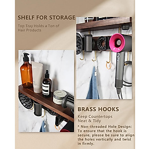 Affogato Walnut Storage Holder Compatible with Dyson Supersonic Hair Dryer and Attachments, Wall Mount Holder with Shelf Organizer for Bathroom Bedroom, Walnut Wood