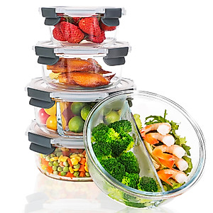Moretoes 10pc Glass Food Storage Containers with Lid, Gray Round Single & 2 Compartment Meal Prep Containers, Airtight Glass Lunch Boxes for Leak Proof, Microwave, Oven, Freezer, Dishwasher