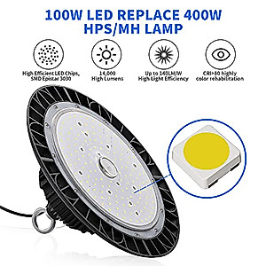 UFO LED High Bay Light 100W 14000 LM with US Plug 5ft Cable, 5000K Daylight, IP65 Waterproof, Non-Dim, Commercial Warehouse Workshop Factory Barn Garage Lowbay Area Lighting Fixture