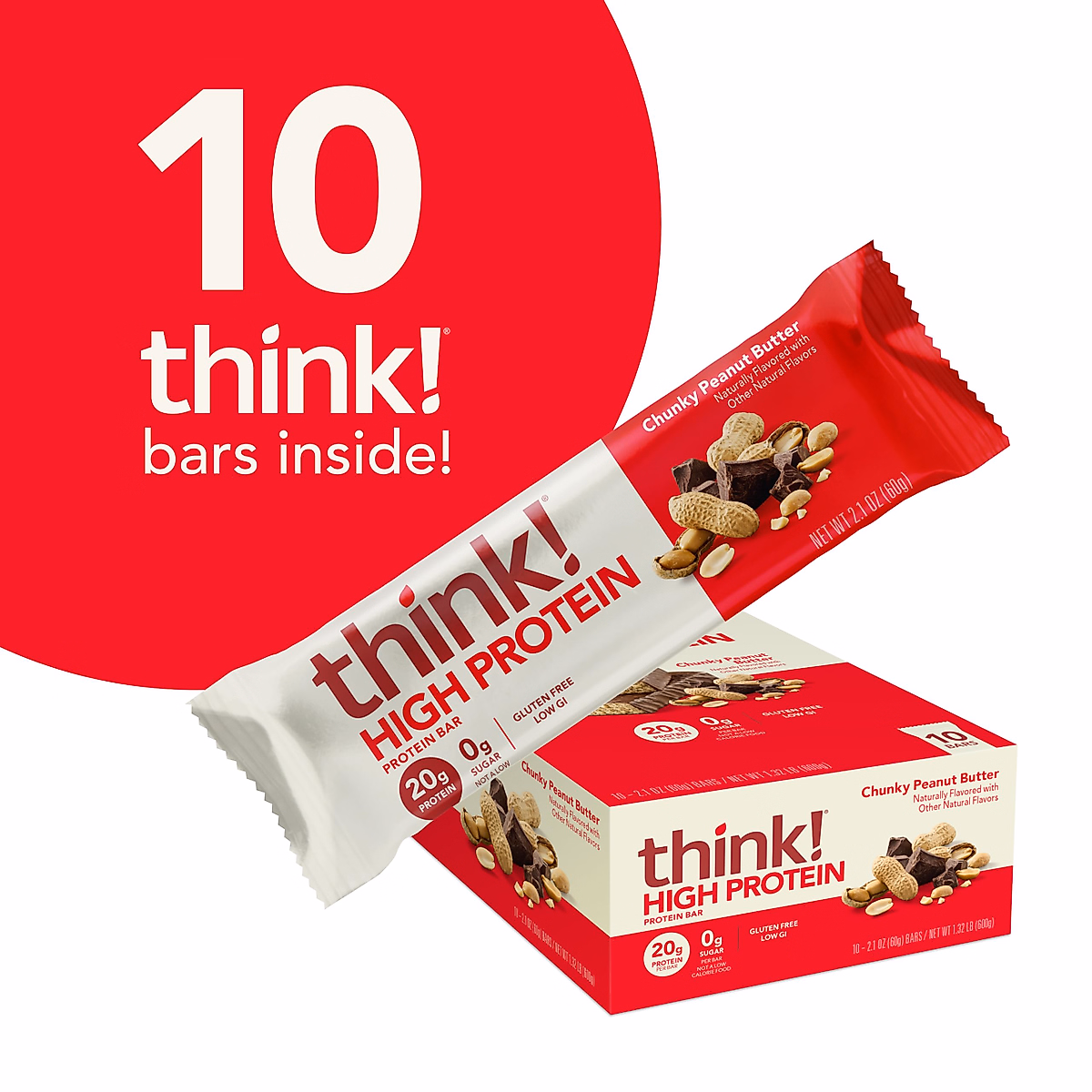 think! Protein Bars, High Protein Snacks, Gluten Free, Kosher Friendly, Chunky Peanut Butter, Nutrition Bars, 2.1 Oz per Bar, 10 Count (Packaging May Vary)