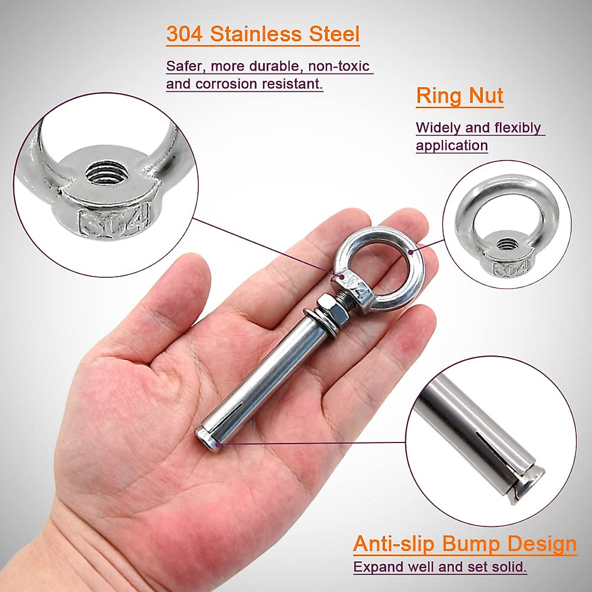 M8* 80mm Expansion Screw with Eye Ring Anchor Internal Eye Bolt Fastener 304 Stainless Steel 5 Pack (Ring Lifting Expansion Eyebolt M8* 80mm)