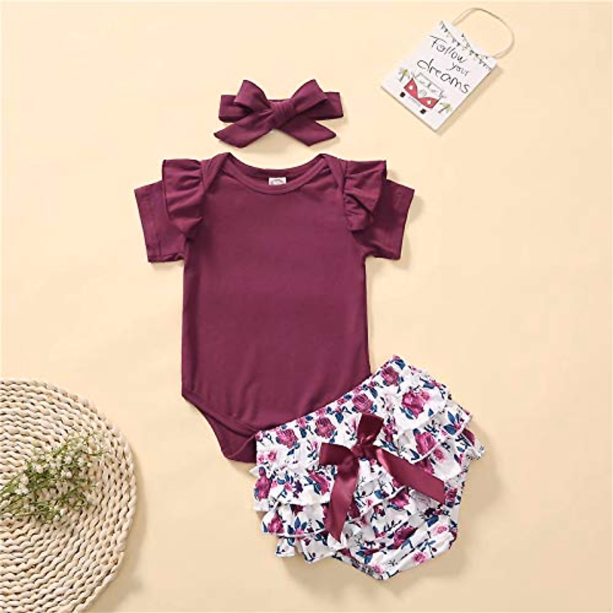 CETEPY Baby Girl Clothes Newborn Summer Outfits Infant 3Pcs Floral Pants + Short Ruffle Romper Playsuit + Headband Wine Red 0-3 Months 70cm