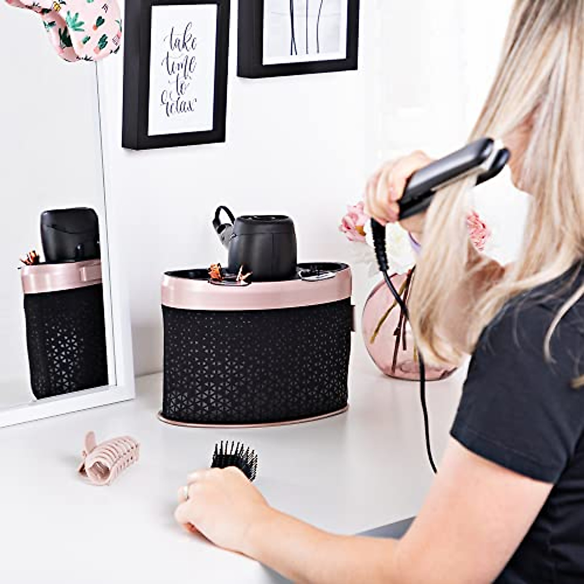 Minky Homecare Neoprene Styling Dock, Curling Iron and Hair Dryer Holder - Hair Tool Organizer Storage for Bathroom Countertop, Dresser - Rose Gold/Black