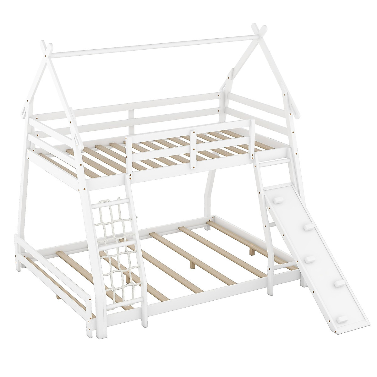 Harper & Bright Designs Twin Over Queen Bunk Bed with Climbing Nets and Climbing Ramp,Wooden Playhouse Bunk Beds for Kids,Girls & Boys,No Box Spring Needed, White